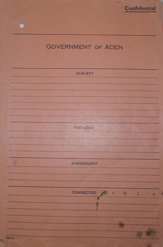 2 orange folders marked Goverment of Aden, one contains guide to officers eating shops in Aden ...