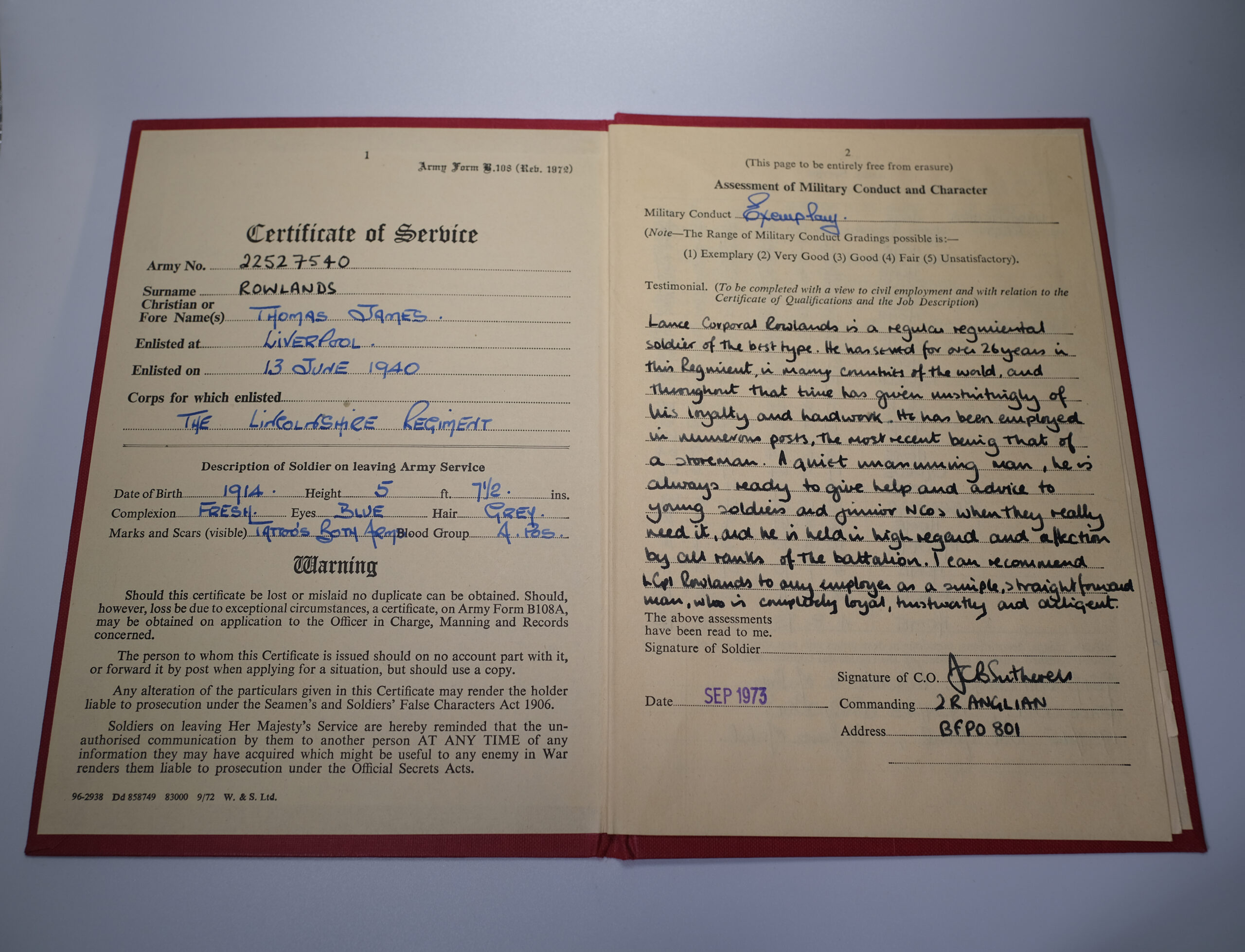Army record book Lance Corporal Thomas James Rowland Royal Anglian ...