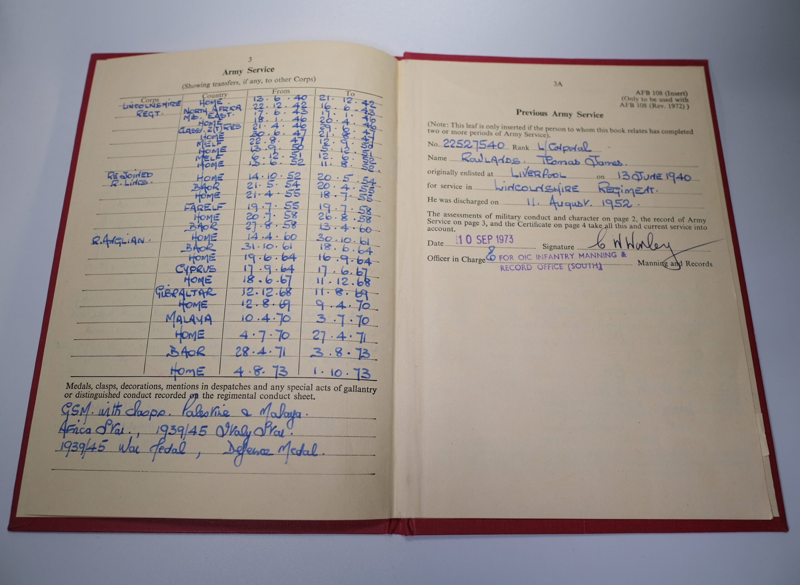 Army record book Lance Corporal Thomas James Rowland Royal Anglian ...