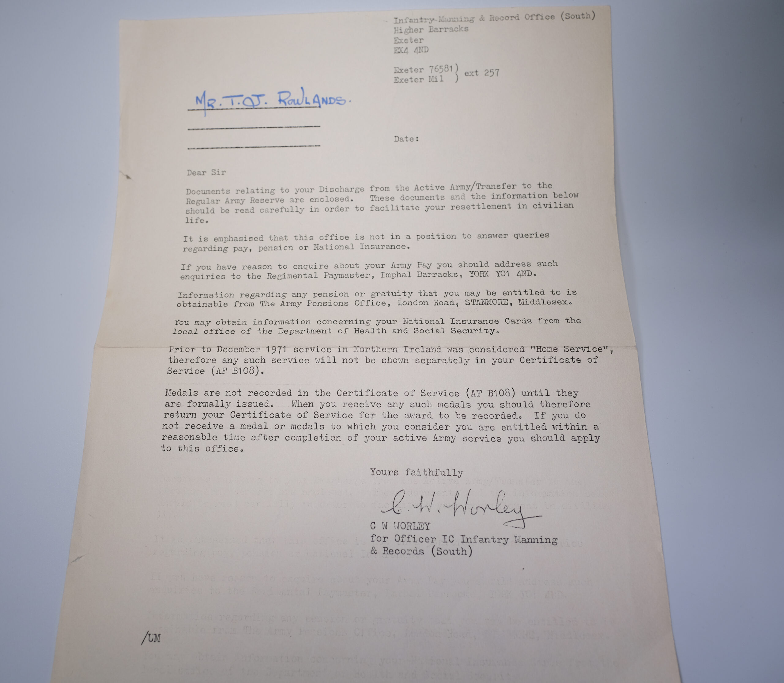 National Health Record Lance Corporal Thomas James Rowland - Royal Anglian Regiment