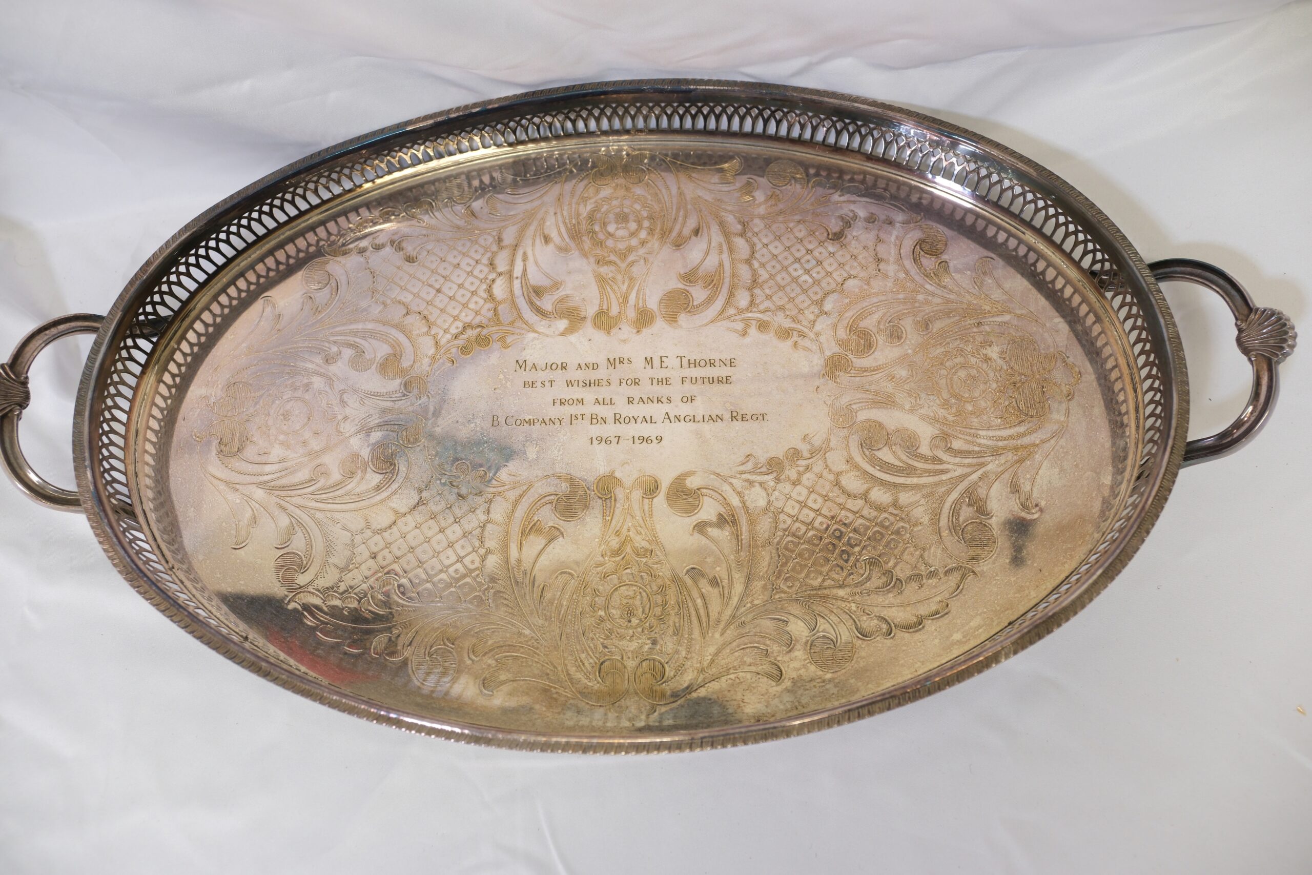 Silver tray presented to Major and Mrs M E Thorne by all ranks of the ...