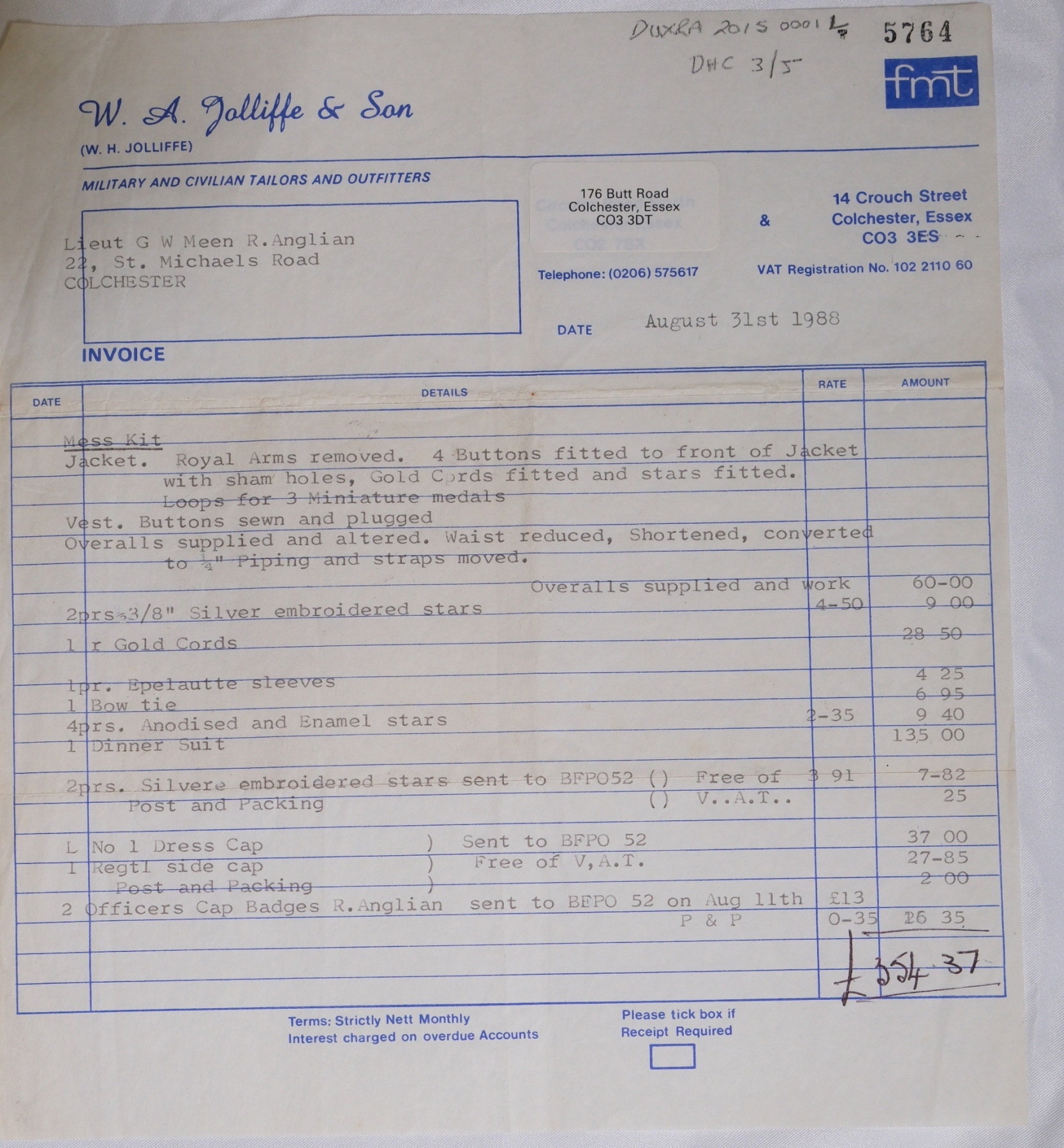 Receipt for tailoring from W A Jolliffe and Sons for Lt Green Royal ...