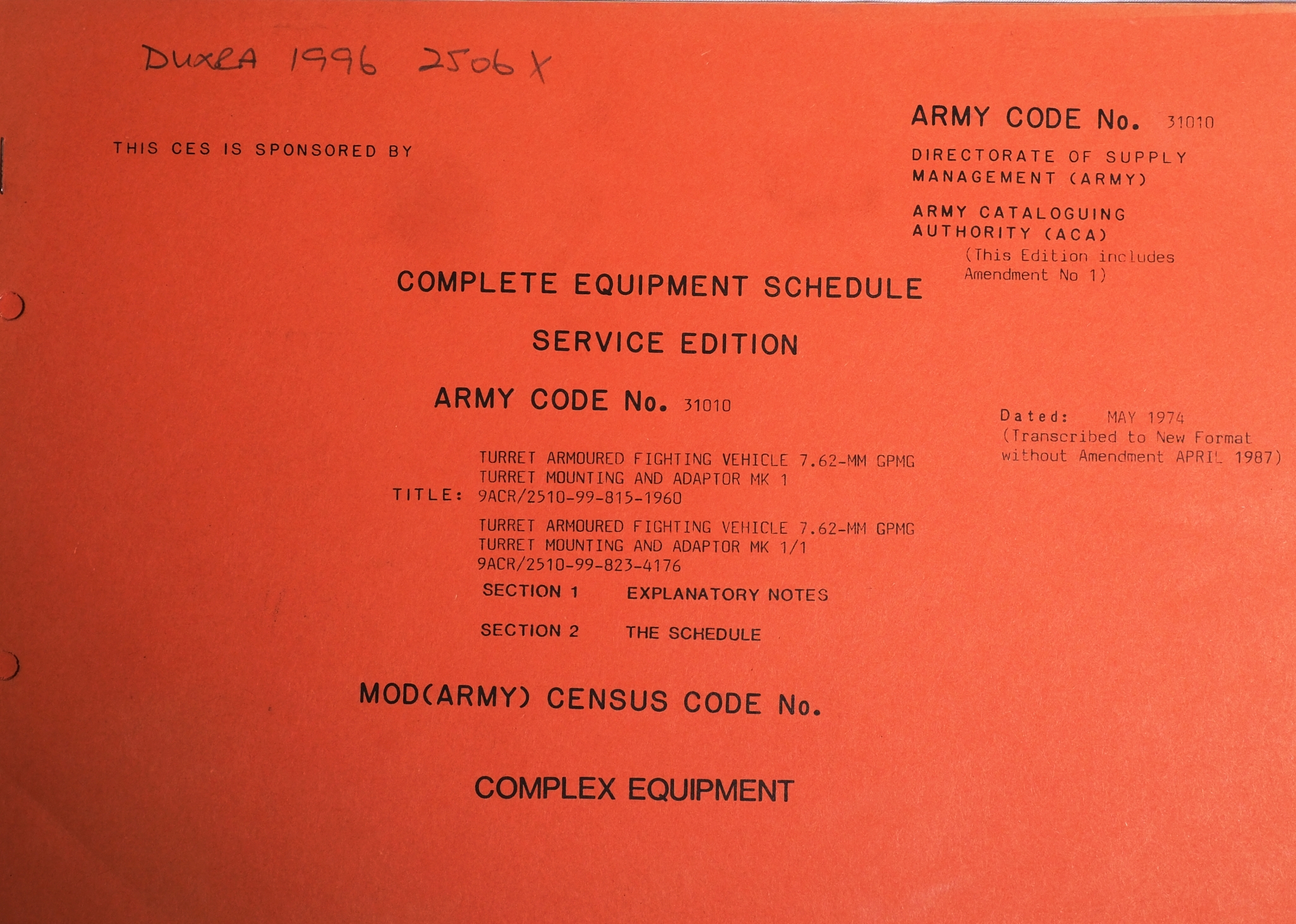 Complete equipment service schedule Army Code 31010 - Royal Anglian ...