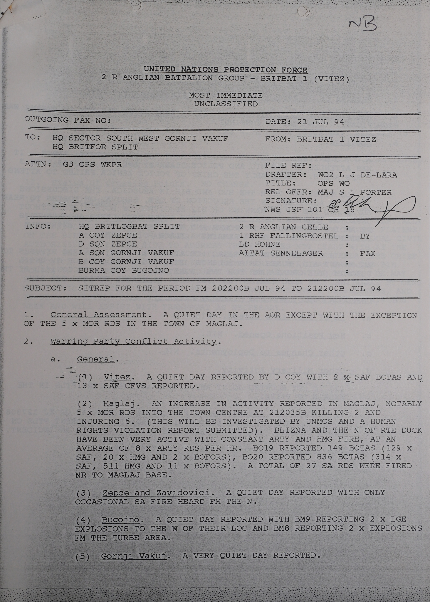 UN Protection Force BRITBAT VITEZ Sitrep Military Force Summary ...
